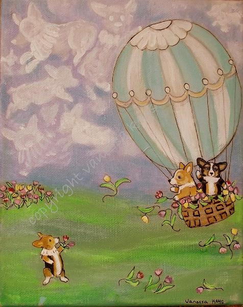 Spring Fling in a Corgi hot air balloon - Vanessa Keys Art by the Sea L ...